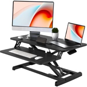 joy worker standing desk converter, 32" wide height adjustable sit stand up desk riser with keyboard tray, desktop workstation riser for home office computer laptop, particle board, black