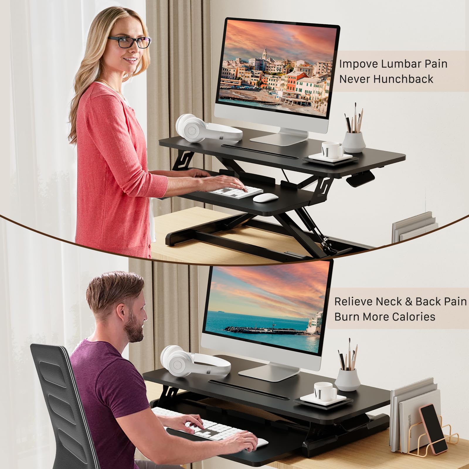 JOY worker Standing Desk Converter, 32" Wide Height Adjustable Sit Stand Up Desk Riser with Keyboard Tray, Desktop Workstation Riser for Home Office Computer Laptop, Particle Board, Black