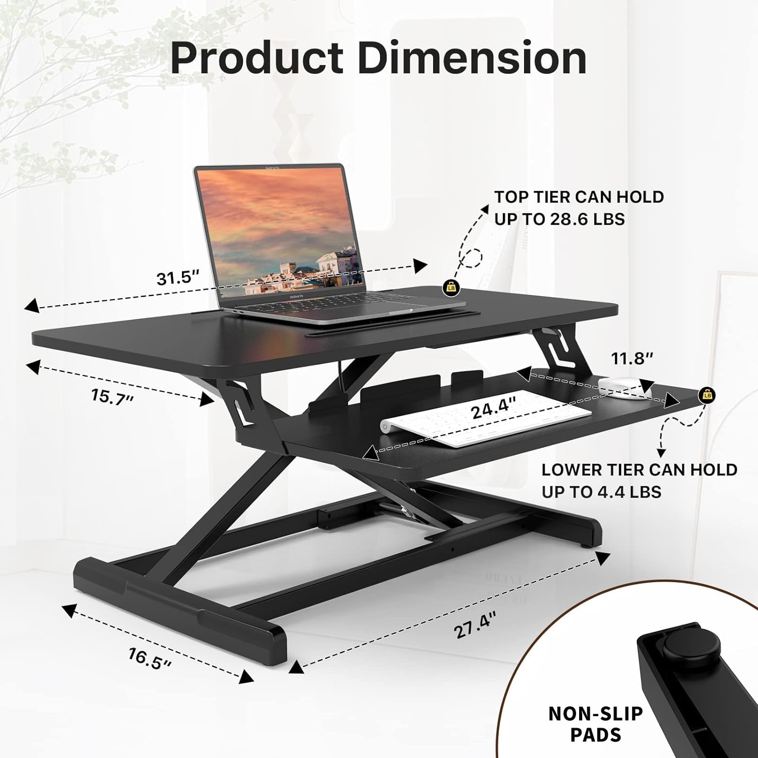 JOY worker Standing Desk Converter, 32" Wide Height Adjustable Sit Stand Up Desk Riser with Keyboard Tray, Desktop Workstation Riser for Home Office Computer Laptop, Particle Board, Black