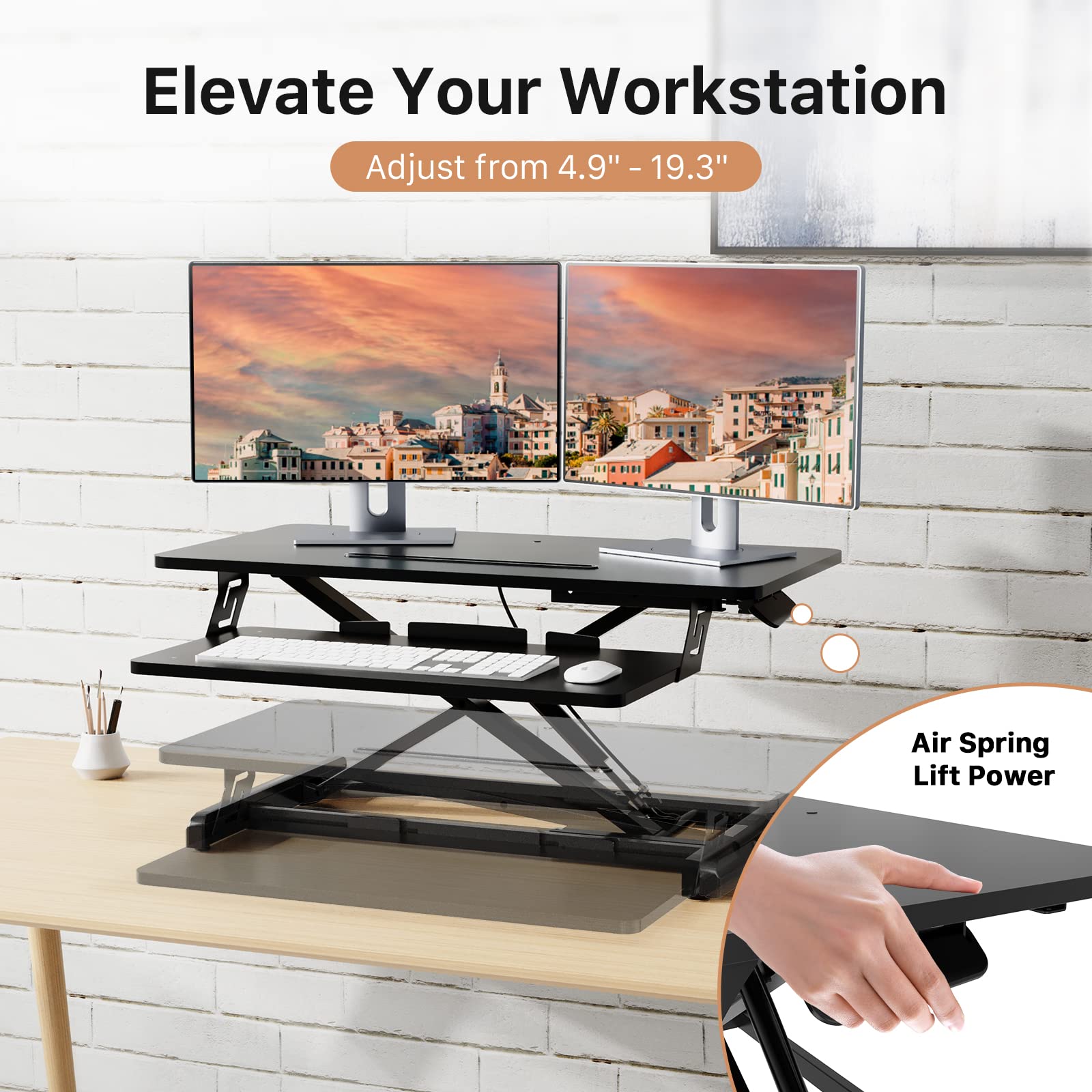 JOY worker Standing Desk Converter, 32" Wide Height Adjustable Sit Stand Up Desk Riser with Keyboard Tray, Desktop Workstation Riser for Home Office Computer Laptop, Particle Board, Black