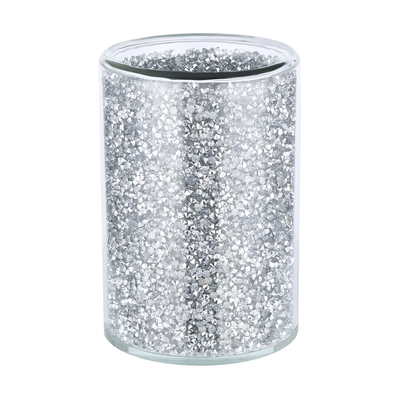 Crushed Diamond Silver Glass Kitchen Utensil Holder Round for Countertop Flatware Utensil Organizer Home Decor Sparkly Gift (Silver)