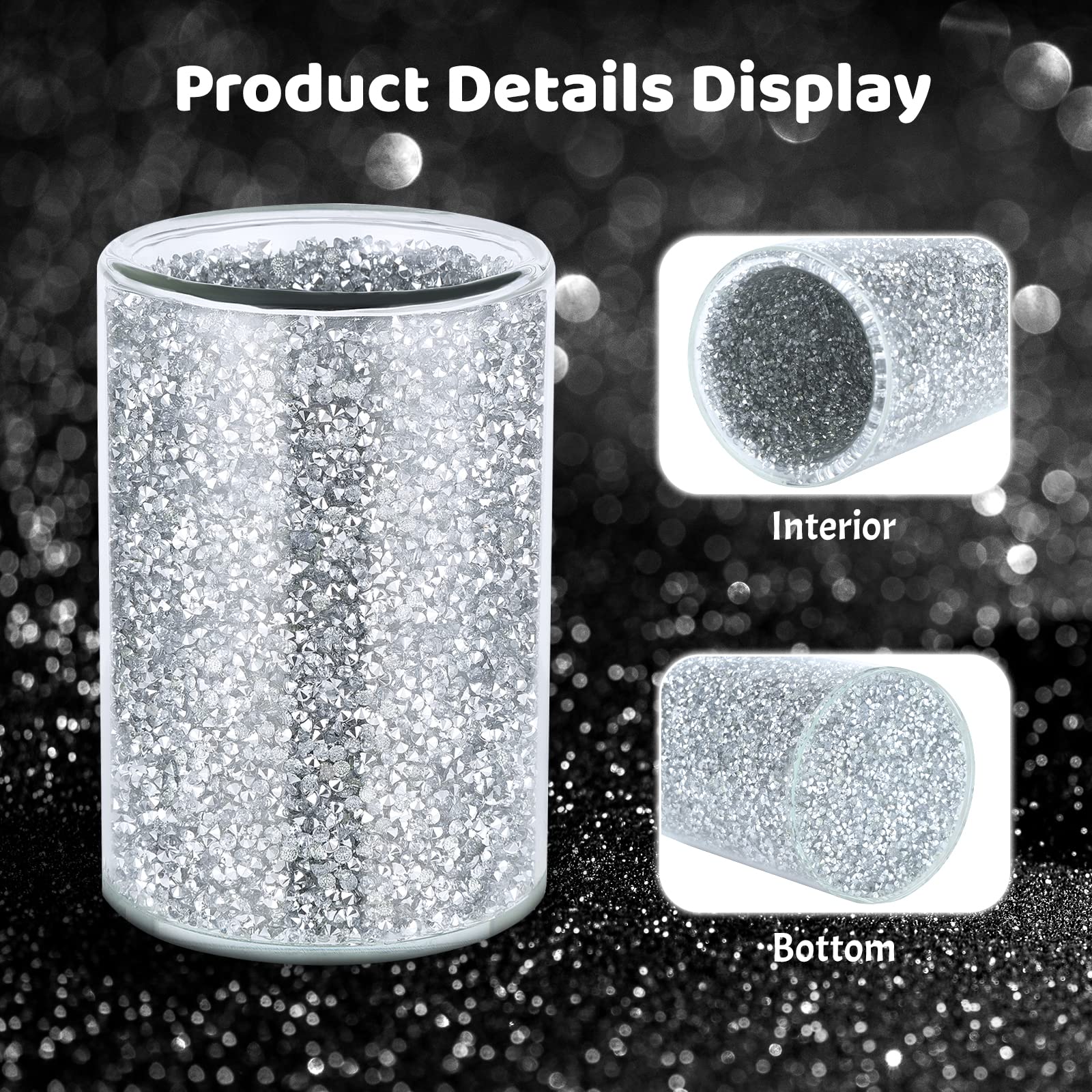 Crushed Diamond Silver Glass Kitchen Utensil Holder Round for Countertop Flatware Utensil Organizer Home Decor Sparkly Gift (Silver)