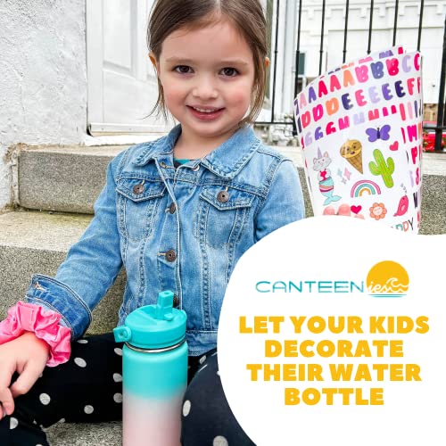 Canteenies Kids Water Bottle for School, 14 Oz, Straw Lid, Stickers, Scrunchie, Vacuum Insulated Stainless Steel Double Walled, BPA Free Food-Safe, Leak-Proof Tumbler Travel Cup For Girls