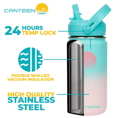 Canteenies Kids Water Bottle for School, 14 Oz, Straw Lid, Stickers, Scrunchie, Vacuum Insulated Stainless Steel Double Walled, BPA Free Food-Safe, Leak-Proof Tumbler Travel Cup For Girls