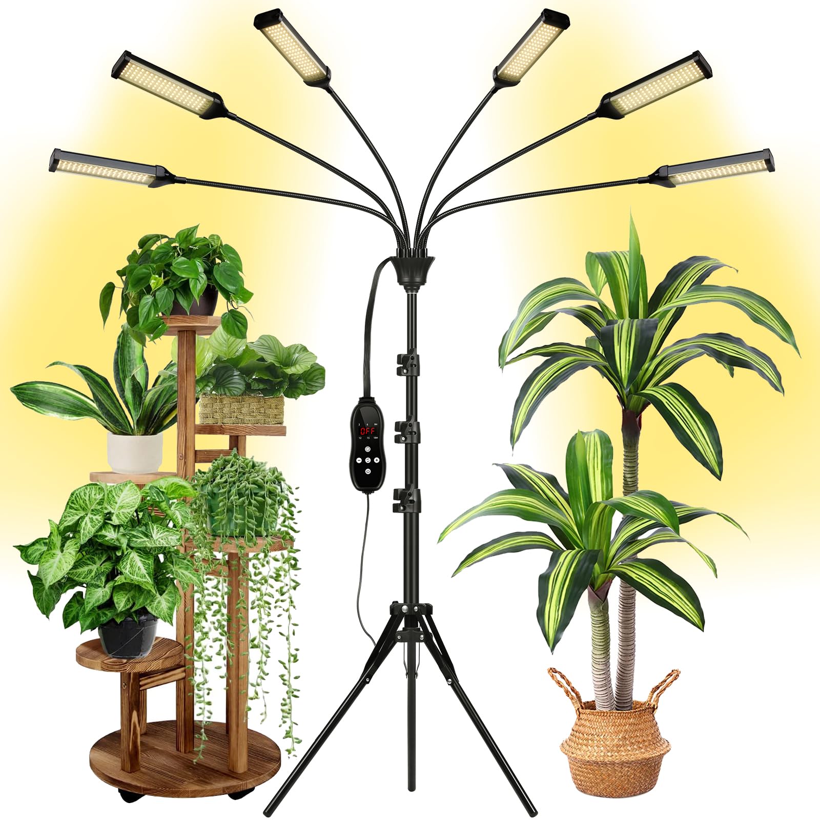 Aukphie Grow Lights for Indoor Plants, Full Spectrum led Grow Light with Stand, Auto On/Off Timing 1-19H & 11 Brightness Levels, Plant Light for Indoor Plants with 6 Light Heads.