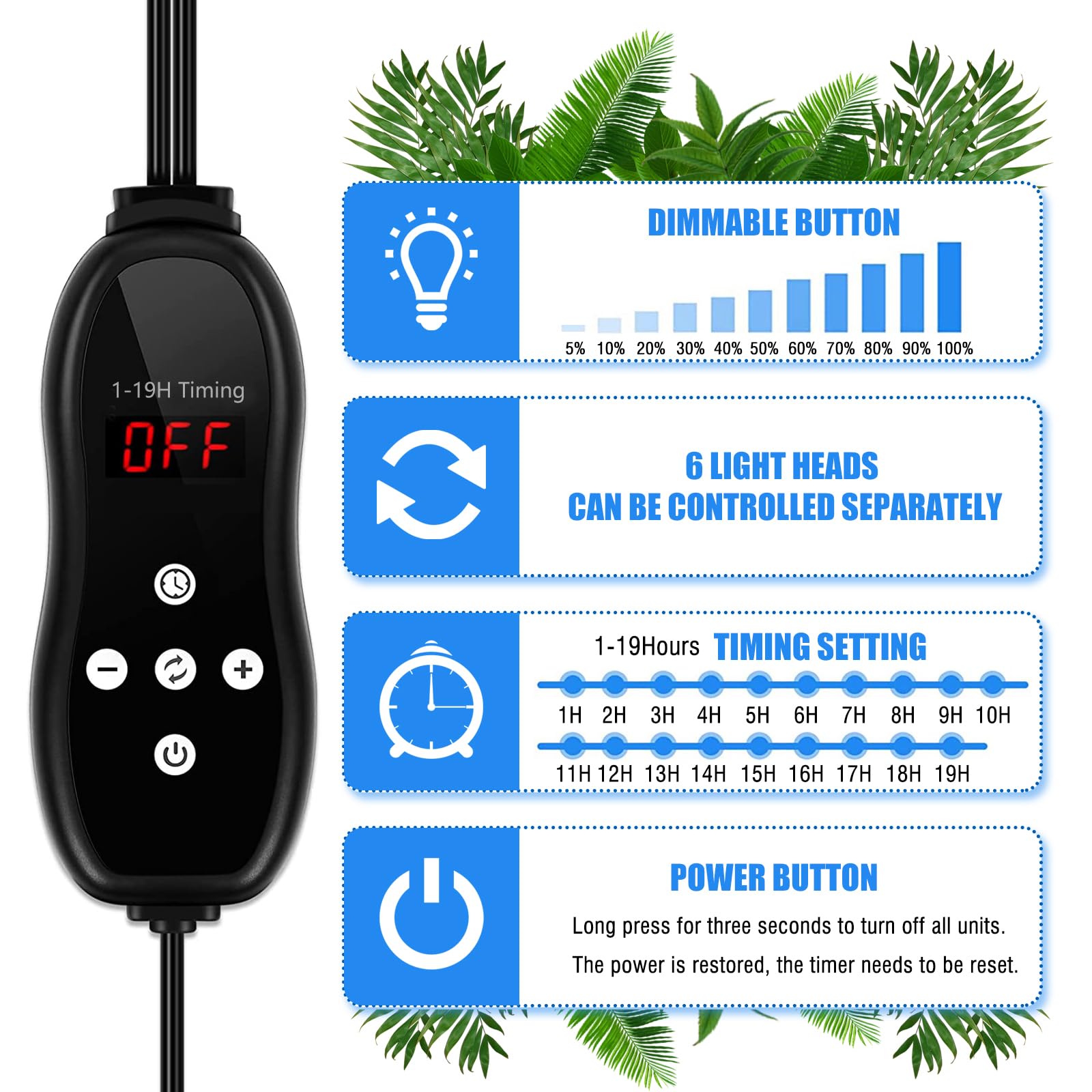 Aukphie Grow Lights for Indoor Plants, Full Spectrum led Grow Light with Stand, Auto On/Off Timing 1-19H & 11 Brightness Levels, Plant Light for Indoor Plants with 6 Light Heads.