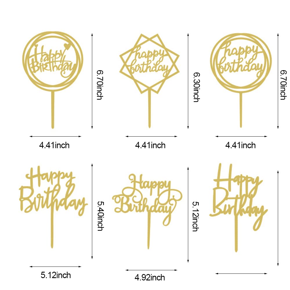 JYNice 6pcs Happy Birthday Acrylic Party Cake Toppers Mirror Gold Cake Topper Party Supplies for Children Birthday Cake Decorations Gifts