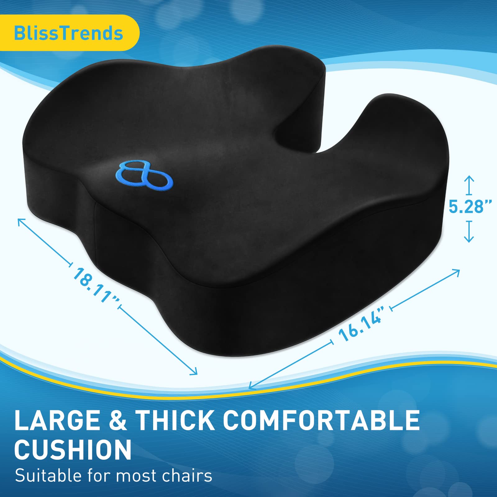 BlissTrends Seat Cushion,Thick Memory Foam Cushions for Pressure Relief, Tailbone Pain, Sciatica & Back Pain Relief for Office Chairs (Black)