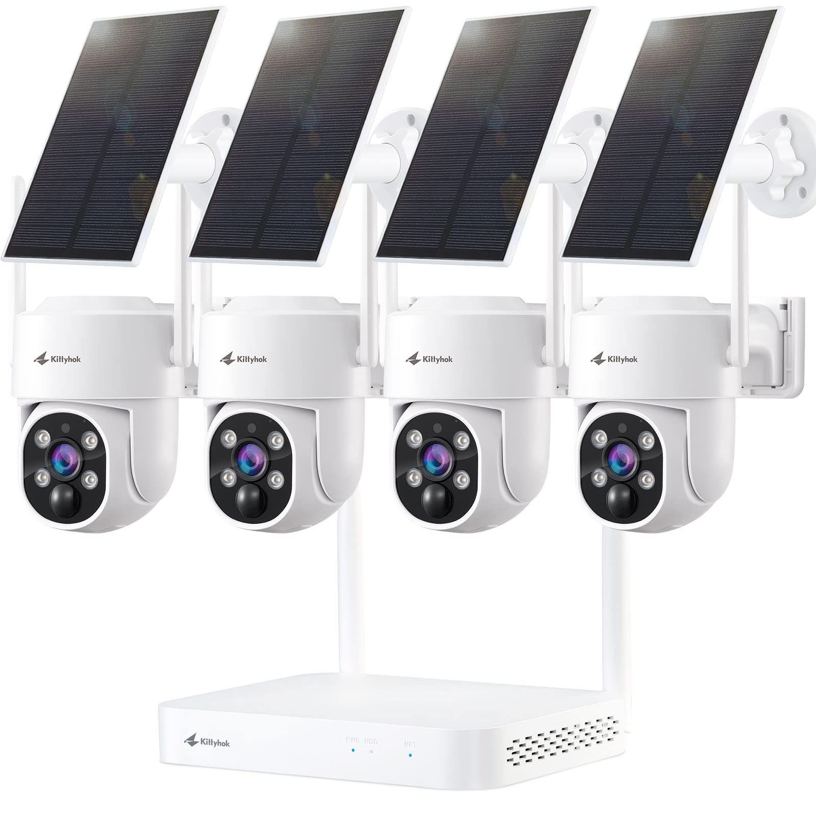 Kittyhok Solar Security Cameras Wireless Outdoor System | 4pcs 2K Ultr HD Pan Tilt Home Solar Security Camera with Human Detection, Spotlight | 10CH Smart NVR, 60 Days Local Storage (White PT Kit)