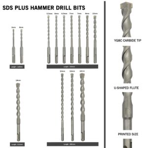 BeHappy 17PCS Rotary Hammer SDS Plus Drill Bits & Chisel Sets, Carbide Tipped Masonry Drill Bit Set, Concrete Drill Bit and Chisels for Through Concrete, Cement, Brick, Stone, with Storage Case