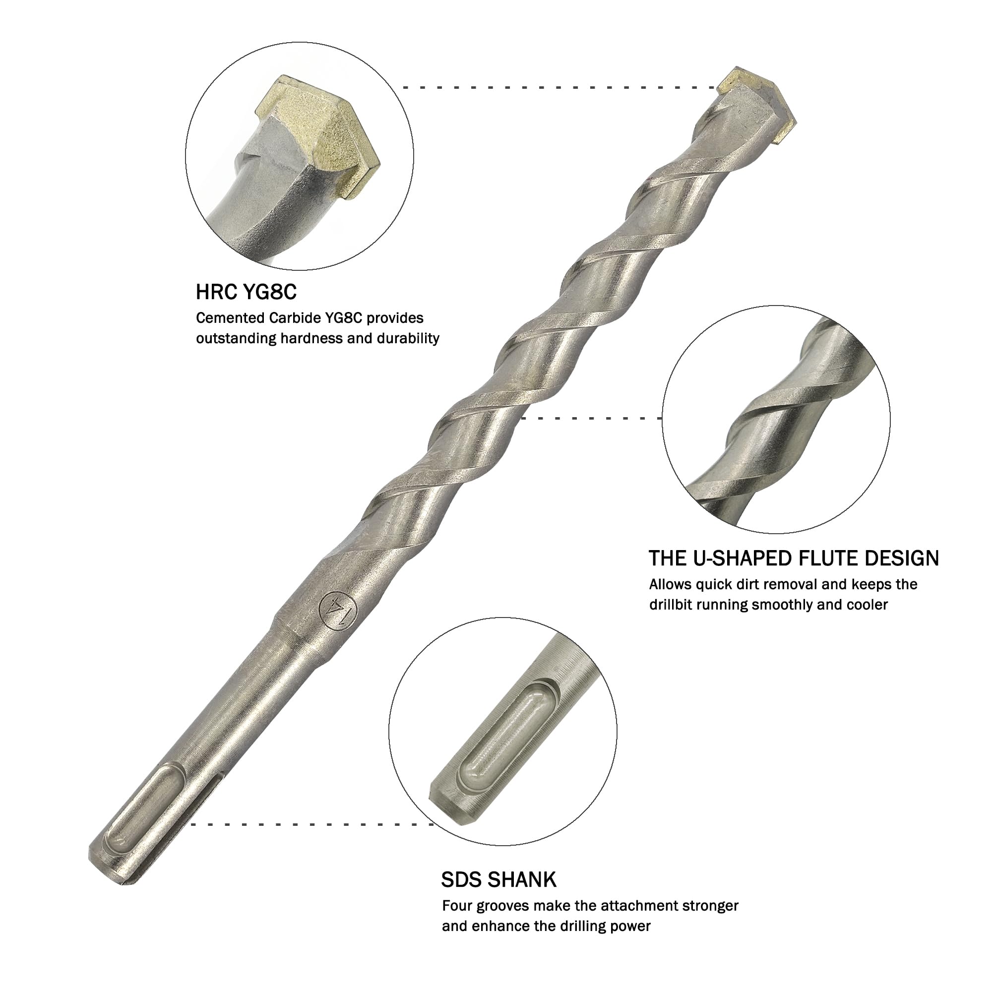 BeHappy 17PCS Rotary Hammer SDS Plus Drill Bits & Chisel Sets, Carbide Tipped Masonry Drill Bit Set, Concrete Drill Bit and Chisels for Through Concrete, Cement, Brick, Stone, with Storage Case