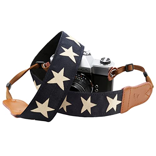 Padwa Lifestyle Pentagram Embroidered Camera Strap - Double Layer Cowhide Ends,2" Cotton Woven Camera Straps, Adjustable Vintage Neck & Shoulder Strap for All DSLR Cameras,Great Gift for Photographers