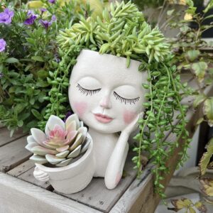 asdfg face plant pot - double flower pots for indoor outdoor plants resin head planter with drainage hole cute lady face plant pots, garden decoration planters, medium