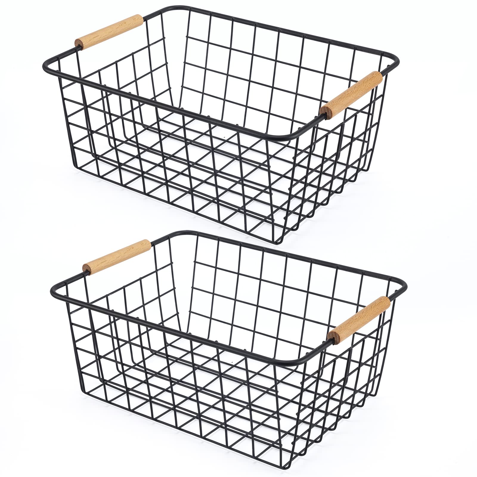 Wire Basket 2 Pcs Wire Storage Baskets Wire Baskets Organizing with Wooden Handles Wire Basket Pantry Organization and Storage Metal Wire Food Storage Basket for Kitchen, Cabinets (Black 2PCS)