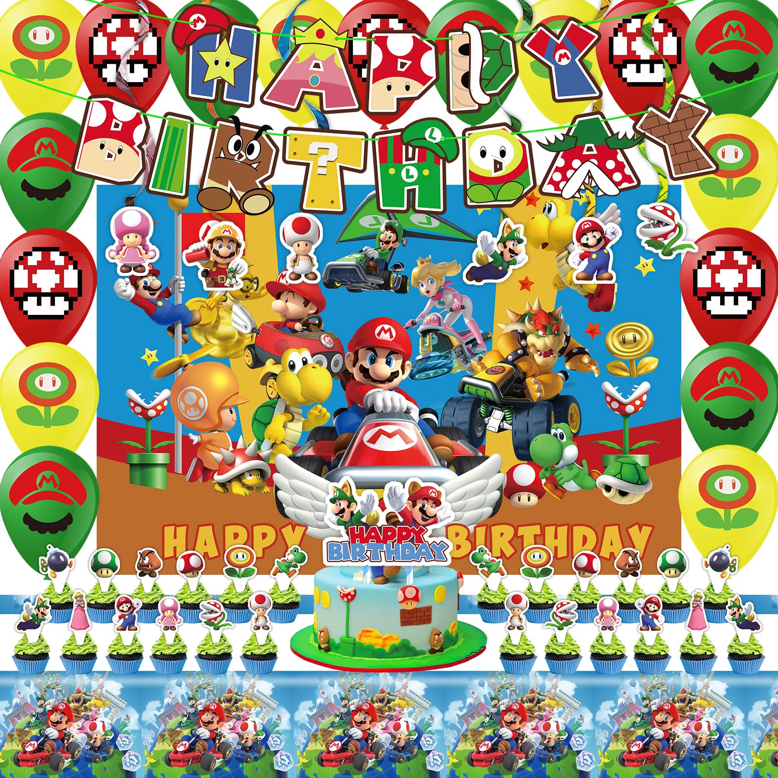 Mario Birthday Party Supplies - Mario Party Supplies Included Mario 18 Balloons, Backdrop, Banner, 6 Hanging Swirls, Tablecloth, 24 Cupcake Cake Toppers