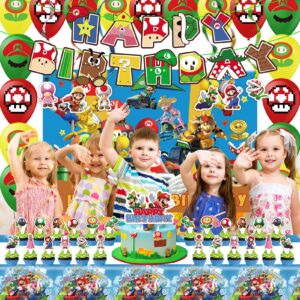 Mario Birthday Party Supplies - Mario Party Supplies Included Mario 18 Balloons, Backdrop, Banner, 6 Hanging Swirls, Tablecloth, 24 Cupcake Cake Toppers