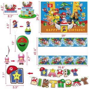 Mario Birthday Party Supplies - Mario Party Supplies Included Mario 18 Balloons, Backdrop, Banner, 6 Hanging Swirls, Tablecloth, 24 Cupcake Cake Toppers