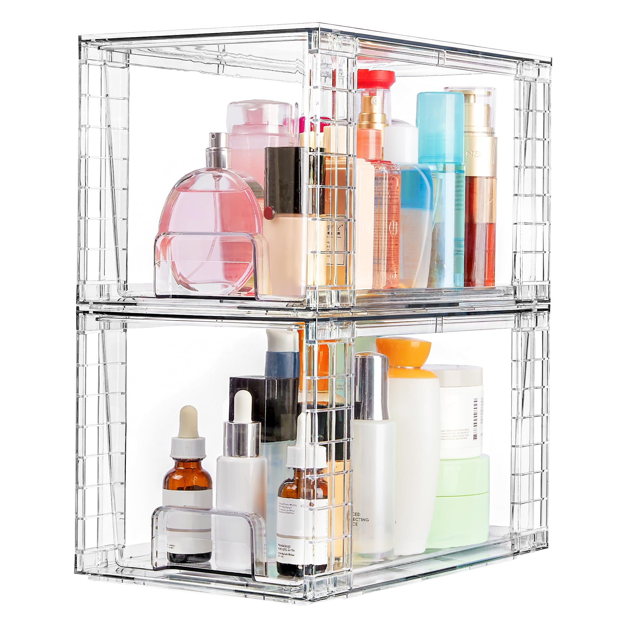 Vtopmart 2 Pack Large Stackable Storage Drawers,Clear Acrylic Drawer Organizers with Handles, Easily Assemble for Bathroom,Kitchen Undersink,Cabinet,Closet,Makeup,Pantry organization and Storage