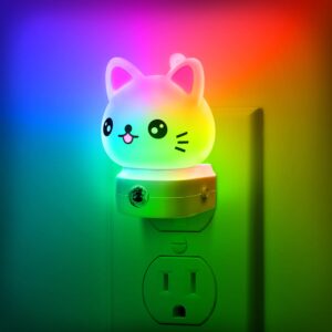 cat night lights plug into wall, cute night light for kids, 8-color rgb led night light, nightlight with dusk to dawn sensor, night light for kids room, bathroom, bedroom décor, children gift