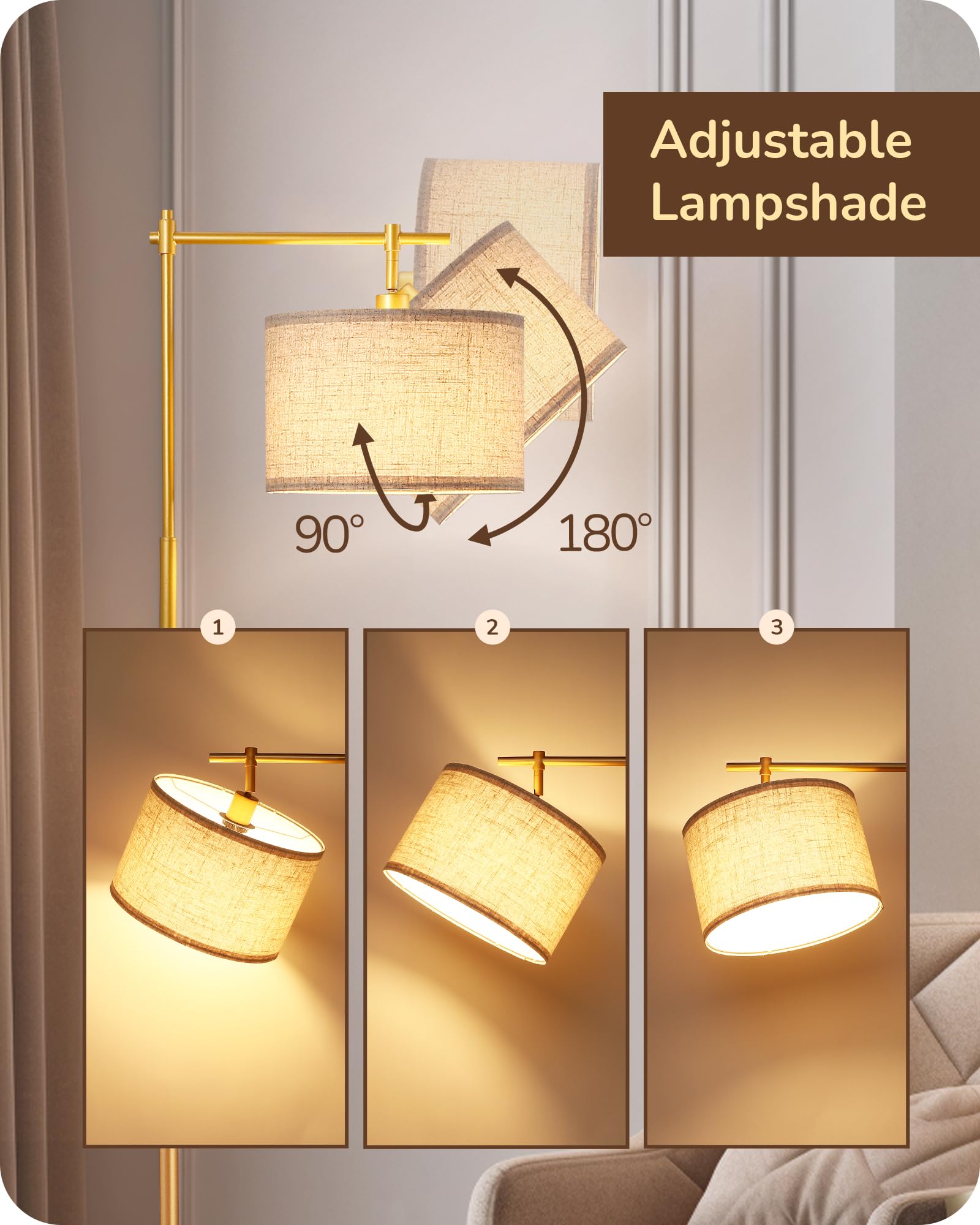 EDISHINE Dimmable Floor Lamp, Standing Lamp with Remote Control, E26 Socket, ACR Floor Lamp with Beige Shade for Bedroom, Living Room, Office, LED Bulb Included (Modern-Gold)