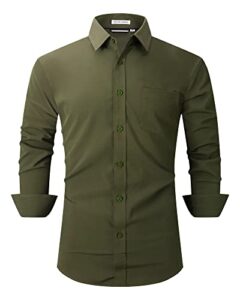 echoph mens dress shirts long sleeve wrinkle free regular fit casual business button down shirt army green l