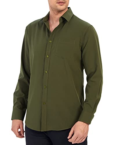 Echoph Mens Dress Shirts Long Sleeve Wrinkle Free Regular Fit Casual Business Button Down Shirt Army Green L