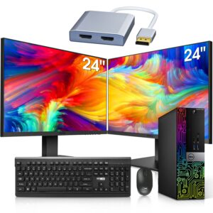 dell optiplex desktop computers pc with dual koorui 24 inch monitor bundle, intel core i7-6700, 16gb ram 512gb m.2 nvme ssd, built-in wifi and bluetooth, rgb light, windows 10 pro (renewed)