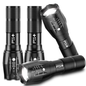 peakplus led flashlights high lumens, tactical flash lights [4 pack] - super bright waterproof zoomable 5 modes - powerful handheld flashlights for emergencies, camping, outdoor, dog walking