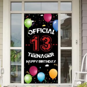 htdzzi official teenager 13th birthday door backdrop banner, happy 13th birthday decorations for boys girls, black white 13 year old birthday party yard sign photo props for outdoor indoor, sturdy