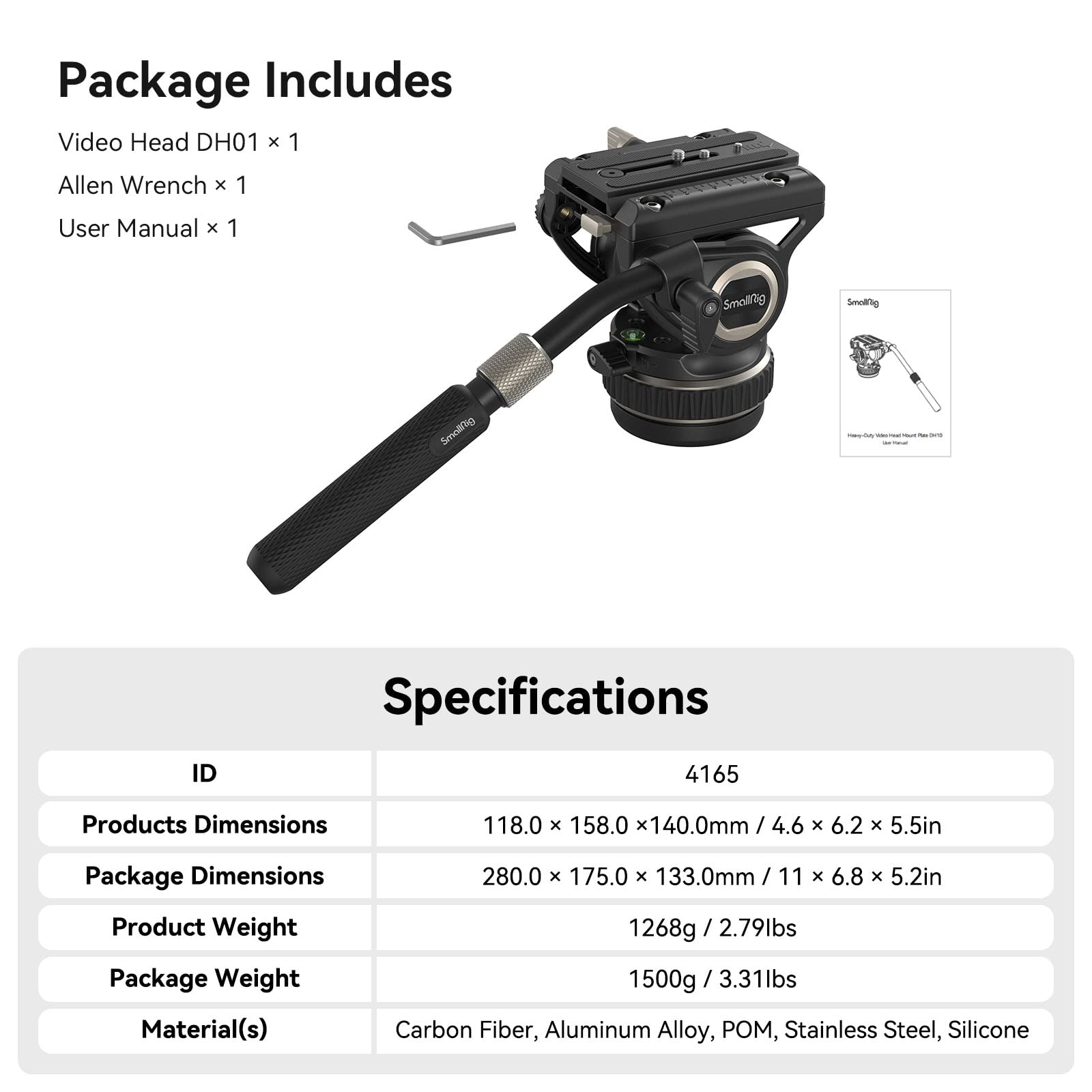 SmallRig DH10 Heavy Duty Tripod Fluid Video Head with Flat Base and Adjustable Handle, Quick Release Plate for Manfrotto Video Head Mount Plate, Load up to 22Ibs, for Video Cameras, DSLR Cameras 4165