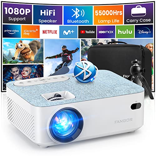 FANGOR 206A Portable Projector -HD Bluetooth Projector for Outdoor MovieS, Mini 1080P Supported Video Projector with Carry Bag & Tripod, Compatible Computer/ Laptop/ SD Cards/PS4/ Xbox