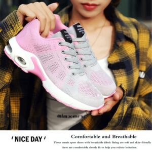 Dimleen Women's Fashion Air Cushion Sneakers Mesh Breathable Lace Up Lightweight Arch Support Orthotic Shock-Absorbing Walking Shoes (Pink,7.5,Women,7.5)