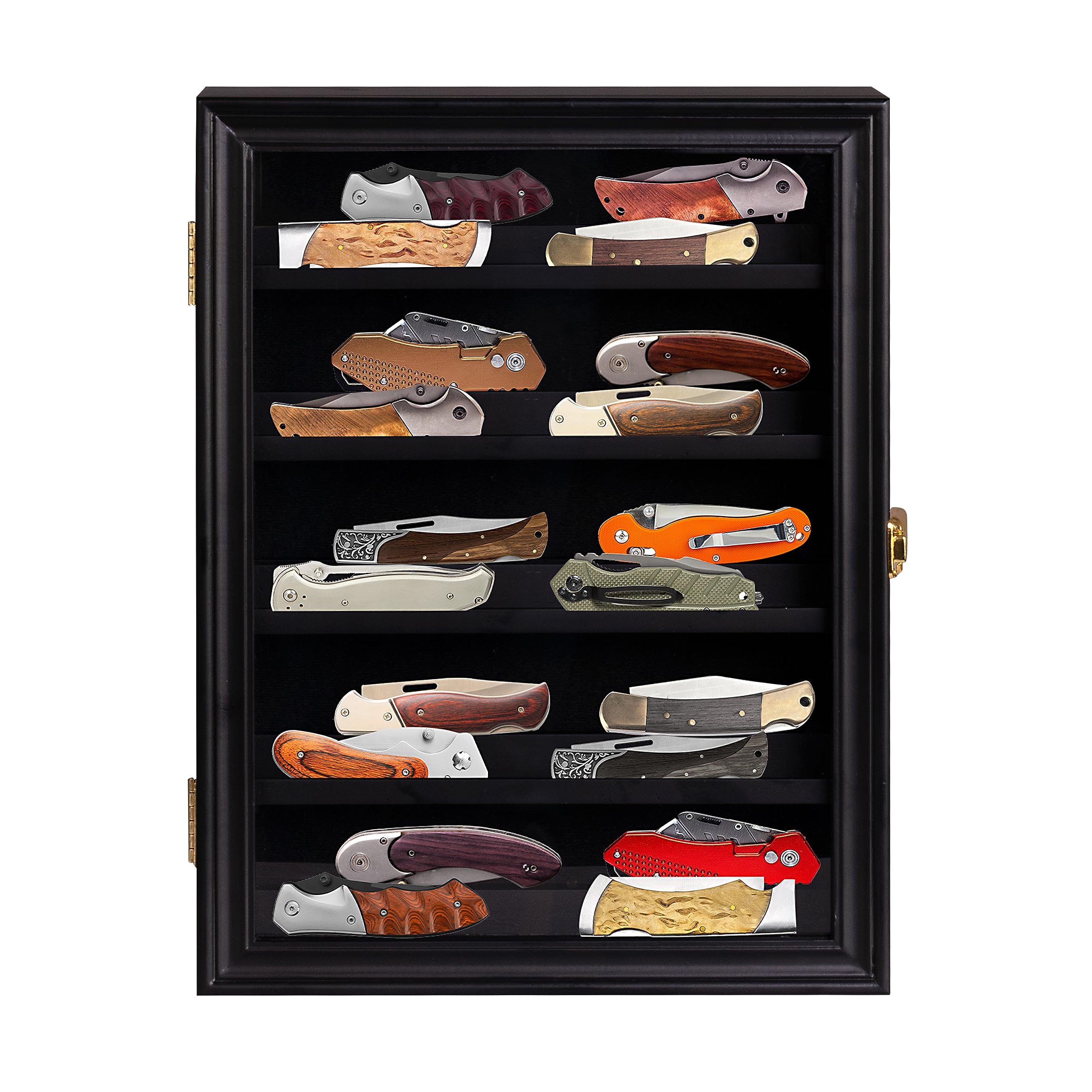 Pocket Knife Display Case for Wall Knife Collection Display Case with Patented Step Design and Removable Shelves to Use as Wall Mount Shadow Box Cabinet that Holds up to 20 Locking Knives Color Black