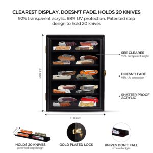 Pocket Knife Display Case for Wall Knife Collection Display Case with Patented Step Design and Removable Shelves to Use as Wall Mount Shadow Box Cabinet that Holds up to 20 Locking Knives Color Black