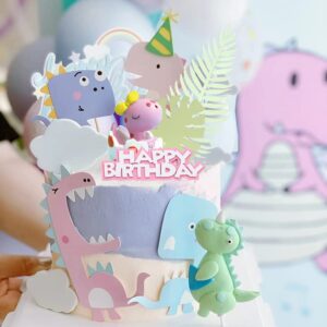 GallaRato Little Dino Birthday Cake Decoration Dinosaur Egg Cake Topper Little Dinosaur Birthday Party Supplies Dinosaur Cake Decoration Three Rex Cake Decoration (Pink)