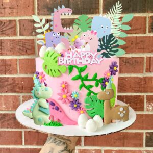 GallaRato Little Dino Birthday Cake Decoration Dinosaur Egg Cake Topper Little Dinosaur Birthday Party Supplies Dinosaur Cake Decoration Three Rex Cake Decoration (Pink)