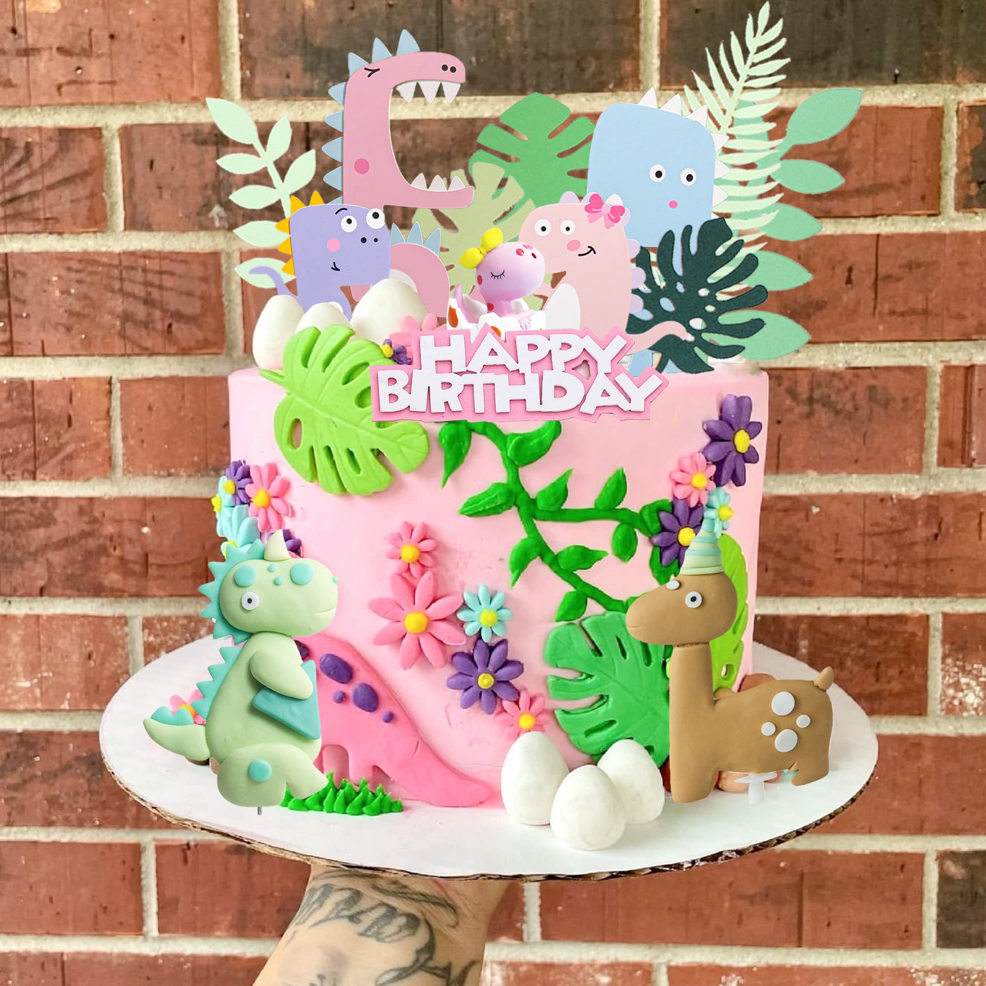 GallaRato Little Dino Birthday Cake Decoration Dinosaur Egg Cake Topper Little Dinosaur Birthday Party Supplies Dinosaur Cake Decoration Three Rex Cake Decoration (Pink)