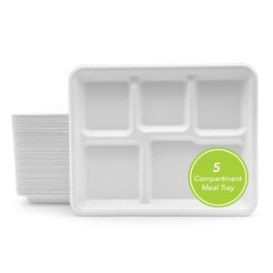 three leaf 5 compartment bagasse (school) tray 50 ct. heavy-duty- super strong- natural- eco-friendly disposable bagasse plates, 100% biodegradable 5 compartment meal plates