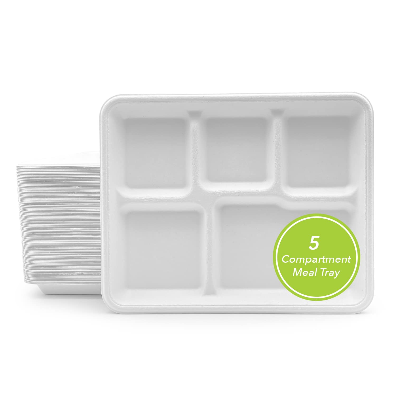 Three Leaf 5 COMPARTMENT BAGASSE (SCHOOL) TRAY 50 Ct. Heavy-Duty- Super Strong- Natural- Eco-Friendly Disposable Bagasse Plates, 100% Biodegradable 5 Compartment meal Plates