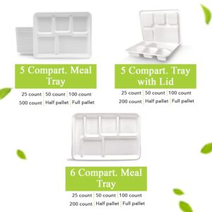 Three Leaf 5 COMPARTMENT BAGASSE (SCHOOL) TRAY 50 Ct. Heavy-Duty- Super Strong- Natural- Eco-Friendly Disposable Bagasse Plates, 100% Biodegradable 5 Compartment meal Plates