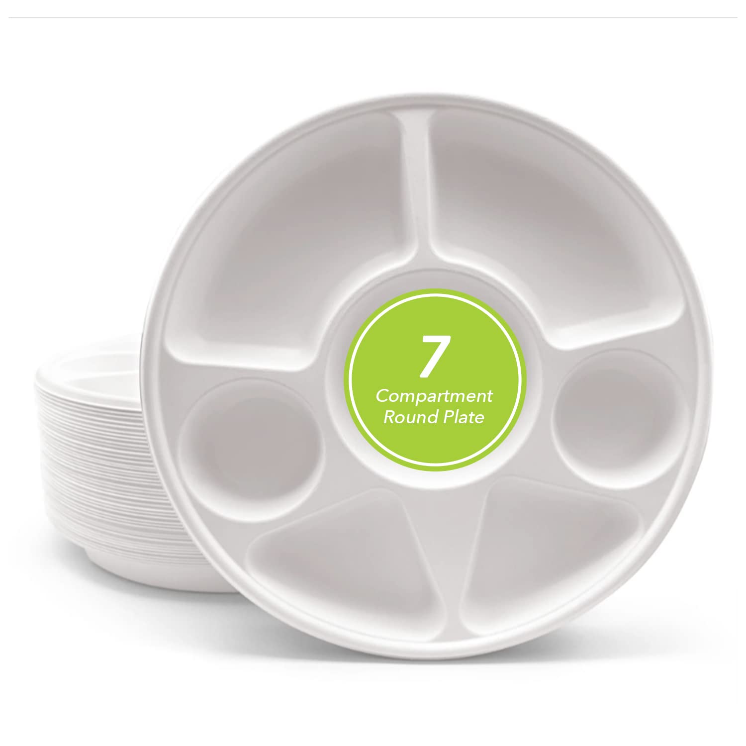 Three Leaf 7 COMPARTMENT BAGASSE ROUND PLATE, 50 Ct. Heavy-Duty- Super Strong- Natural- Eco-Friendly Disposable Bagasse Plates, 100% Biodegradable 7 compartment plates