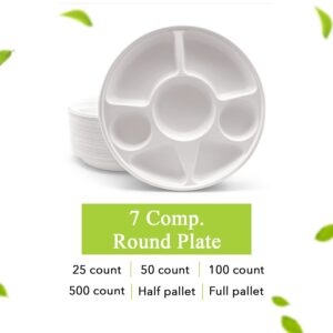 Three Leaf 7 COMPARTMENT BAGASSE ROUND PLATE, 50 Ct. Heavy-Duty- Super Strong- Natural- Eco-Friendly Disposable Bagasse Plates, 100% Biodegradable 7 compartment plates