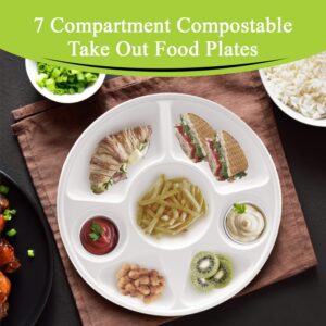 Three Leaf 7 COMPARTMENT BAGASSE ROUND PLATE, 50 Ct. Heavy-Duty- Super Strong- Natural- Eco-Friendly Disposable Bagasse Plates, 100% Biodegradable 7 compartment plates