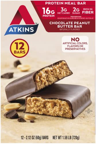 Atkins Chocolate Peanut Butter Protein Meal Bar, High Fiber, 16g Protein, 2g Sugar, 3g Net Carb, Meal Replacement, Low Carb, Keto Friendly, 12 Count