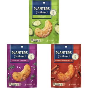 bundle of planters cashews dill pickle flavored, 5 oz. + planters cashews rosemary & sea salt flavored, 5 oz. + planters cashews cinnamon brown sugar flavored, 5 oz.