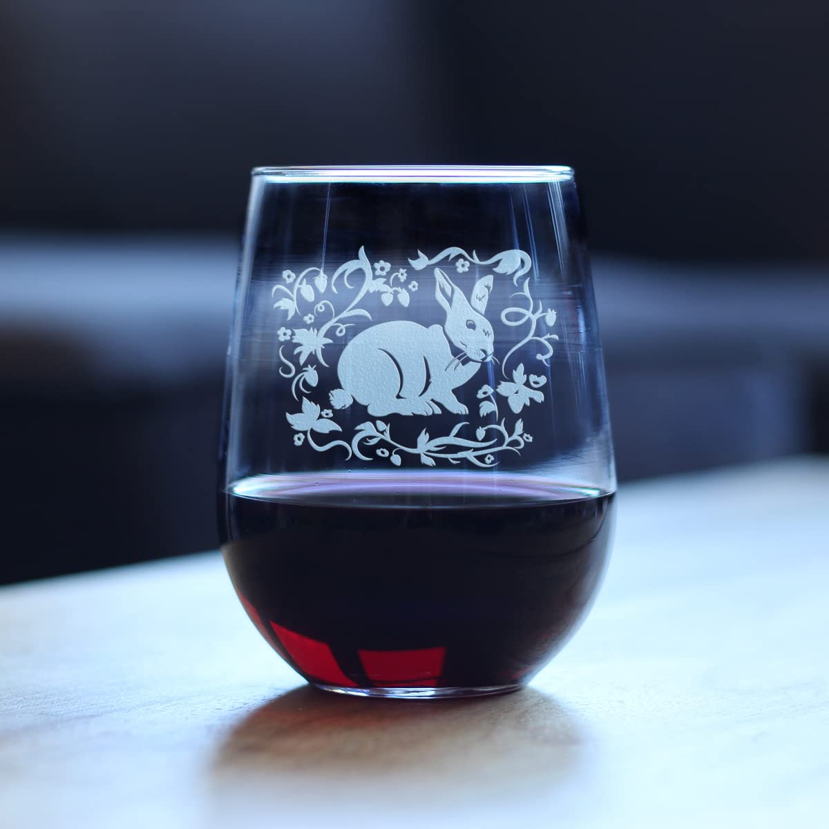 Berry Patch Bunny Rabbit Stemless Wine Glass - Fun Rabbit Gifts or Easter Bunny Decor - Large 17 Oz Glasses