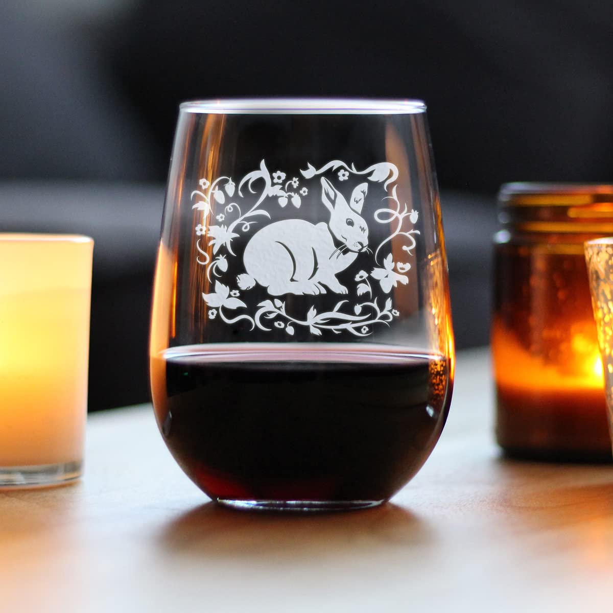 Berry Patch Bunny Rabbit Stemless Wine Glass - Fun Rabbit Gifts or Easter Bunny Decor - Large 17 Oz Glasses