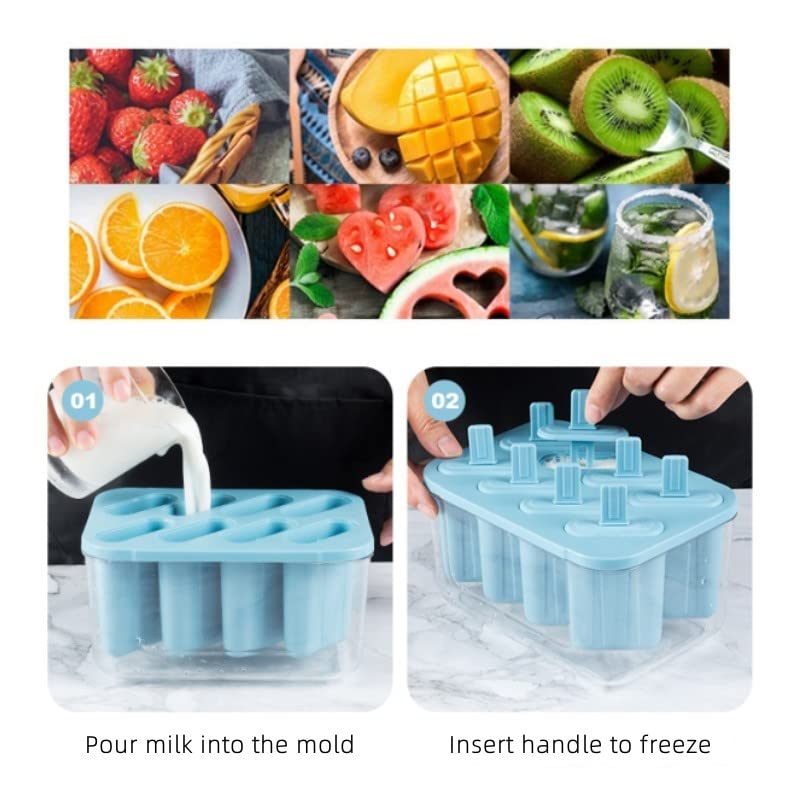 YiChenPlus Ice Tray & Popsicle Mold, 2-in-1 Silicone Ice Tray with Container, 22 Ice Trays + 8 Popsicles, For Whiskey Cocktail Ice Cream Making, 3 Colors to Choose From (Blue)