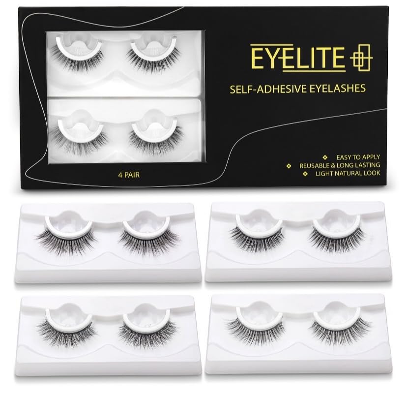 EYELITE, Self Adhesive Eyelashes, 4 Pairs, 16pcs, No Glue Eyelashes, Reusable Adhesive Eyelashes, Natural Look, Wispy Lashes, False Eyelash Extensions, Self Sticking, Press On Lashes, Long Last Wear