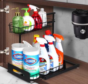 jupeli under sink organizers and storage, 2 tier pull out under sink storage for kitchen with sliding drawer, metal height adjustable bathroom cabinet organizer shelf, kitchen organizers and storage